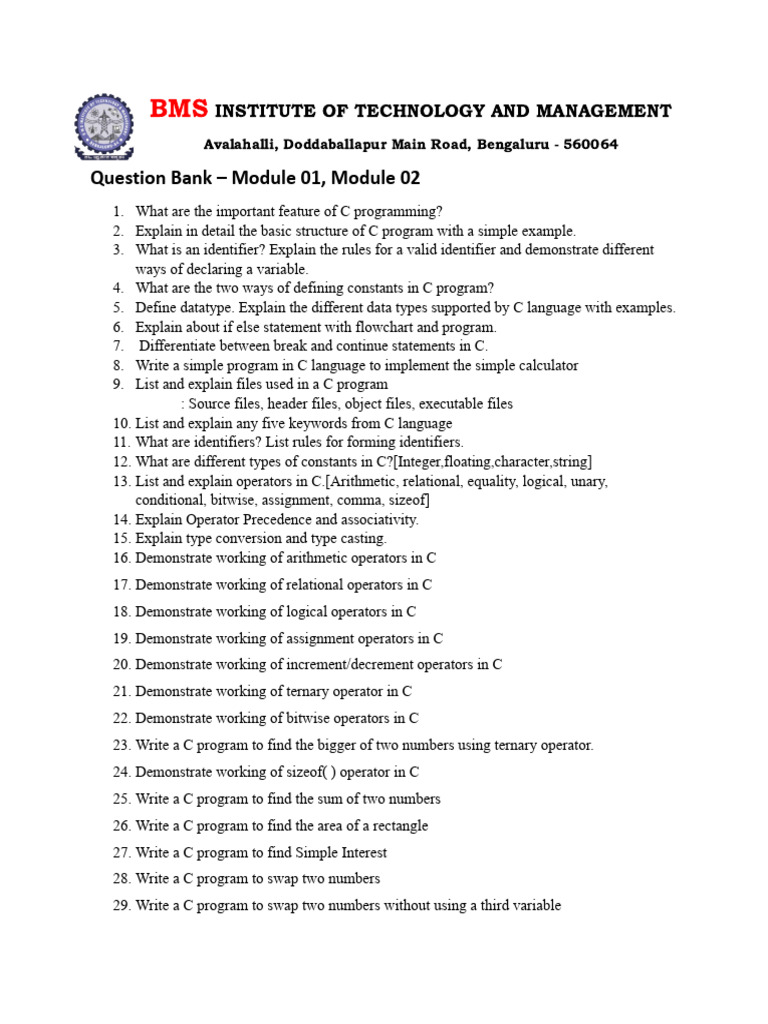 QuestionBank Module01 02 | PDF | Computer Program | Programming
