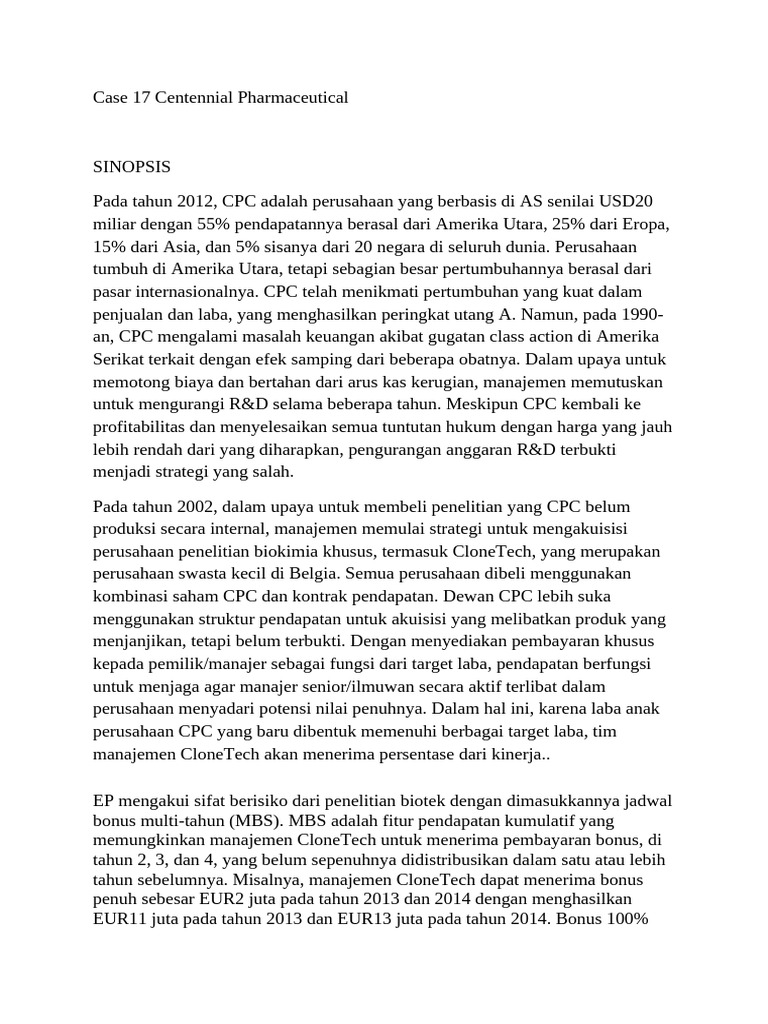 Case 17 Centennial Pharmaceutical | PDF