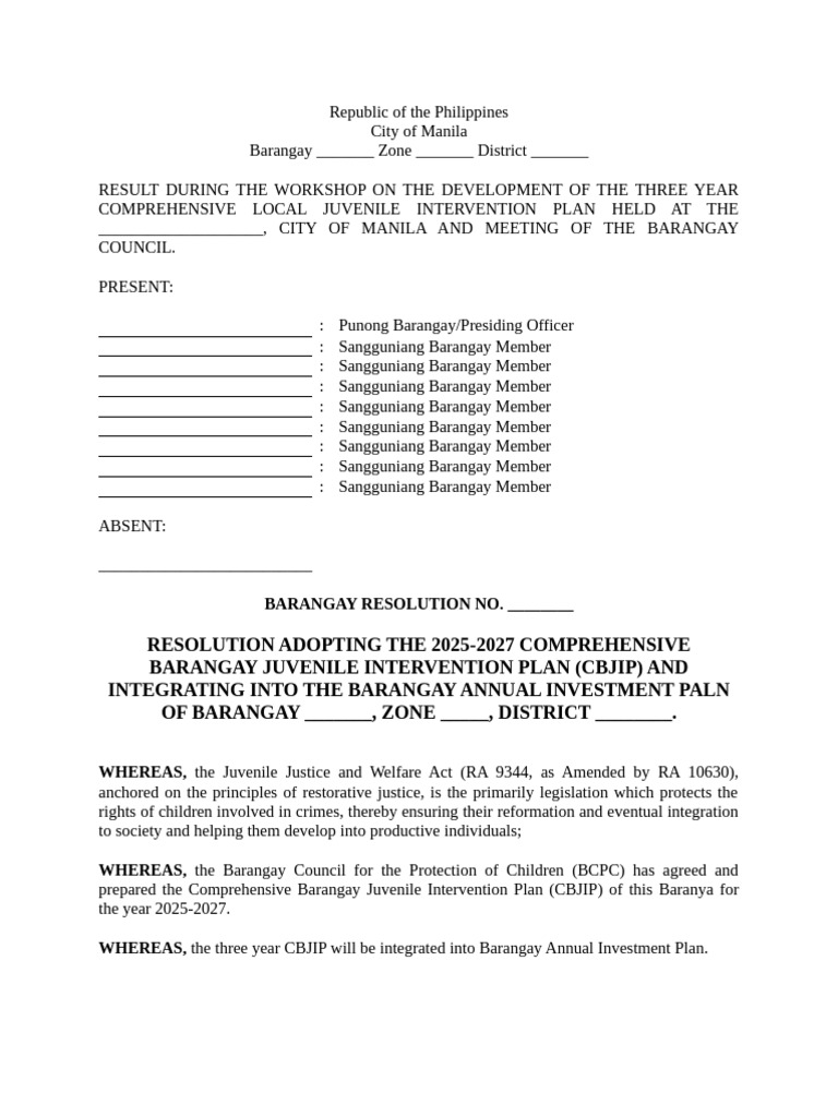 BCPC - Barangay Resolution Re Three Year Comprehensive Local Juvenile ...