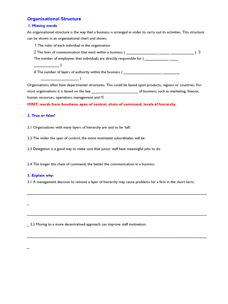 Organisational Structure Worksheet | PDF | Organizational Structure ...