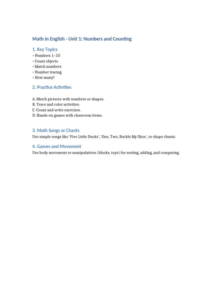 Math Unit1 Unit 1 Numbers and Counting Material | PDF