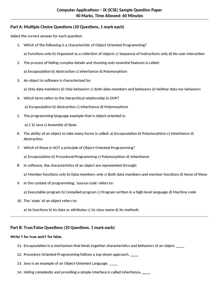 Computer Applications - IX (ICSE) Sample Question Paper | PDF | Object ...