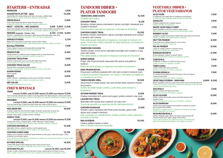 Menú de Platos Indios Auténticos | PDF | Brocheta | Curry