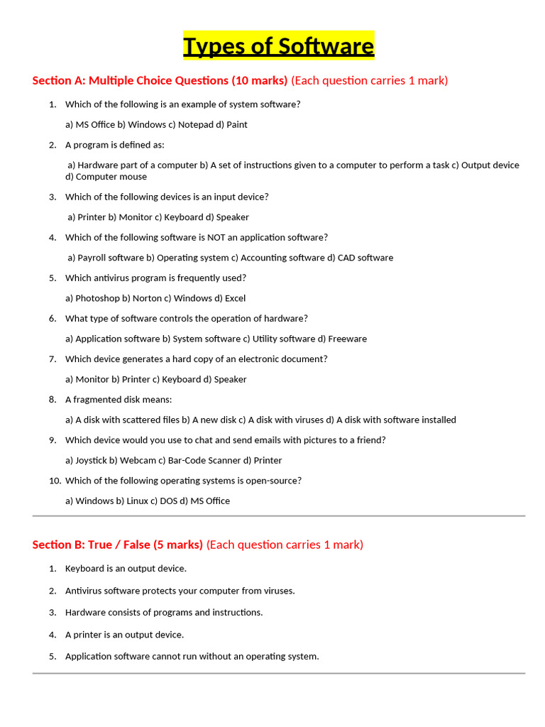 Class 5 Software Types Worksheet | PDF | Computer Virus | Computer Program
