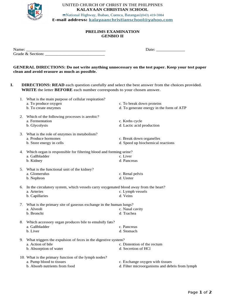 GenBio2 Prelims Examination | PDF | Kidney | Cellular Respiration