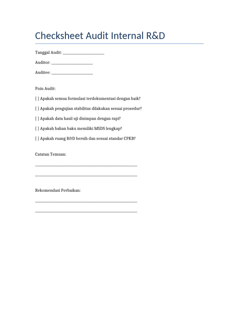 Audit Internal R&D: Checksheet dan Temuan | PDF