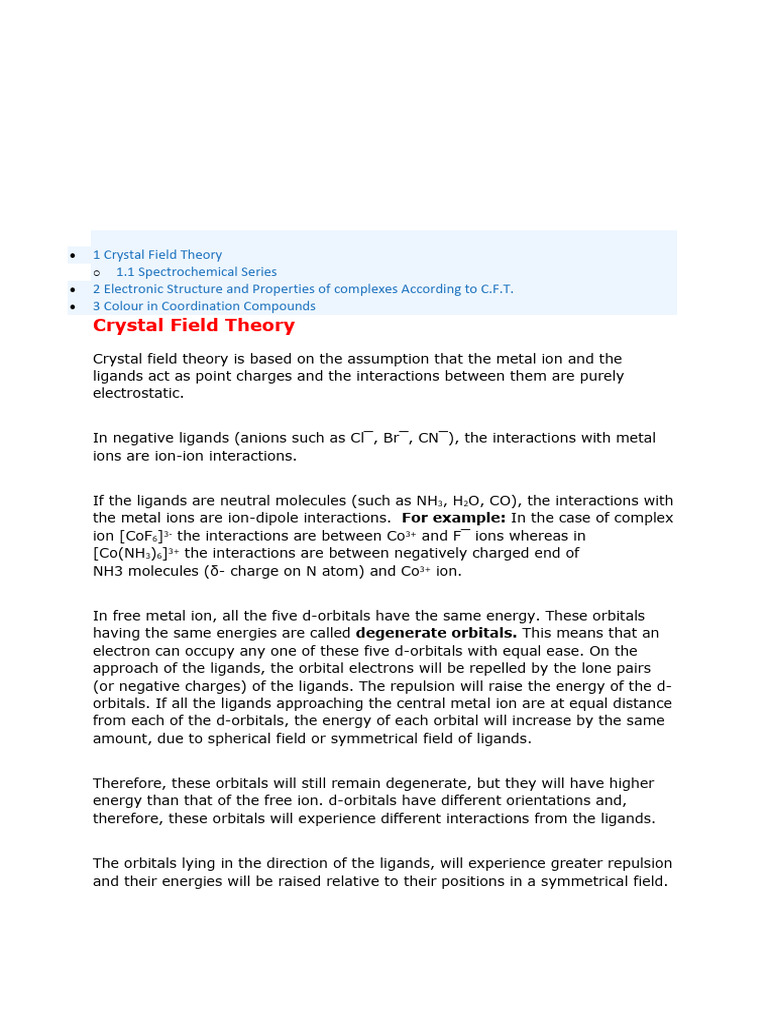 Crystal Field Theory | PDF | Coordination Complex | Ligand