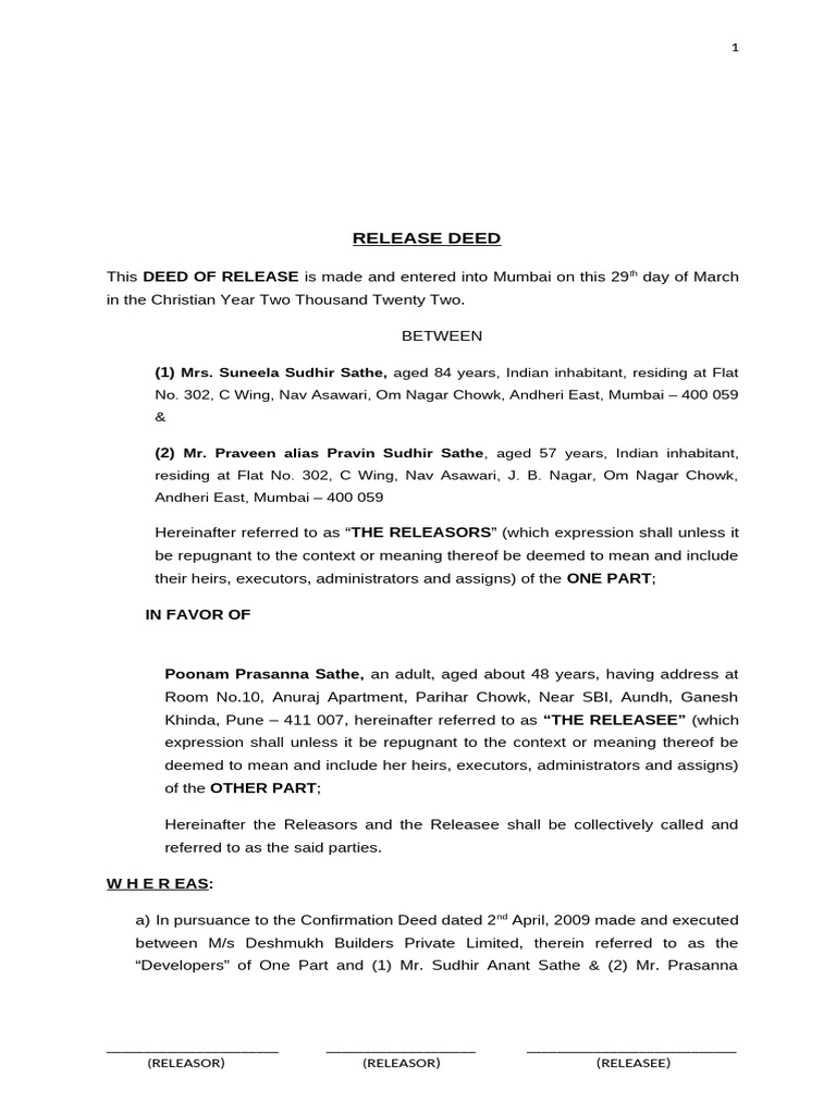 Release Deed for Mumbai Flat Ownership | PDF | Private Law | Common Law