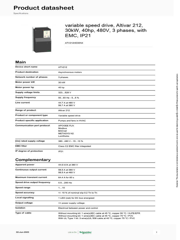 Schneider Electric Altivar-212 ATV212HD30N4 | PDF | Electric Motor | Electrical Impedance