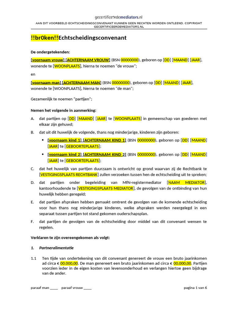 Echtscheidingsconvenant Voorbeeld | PDF