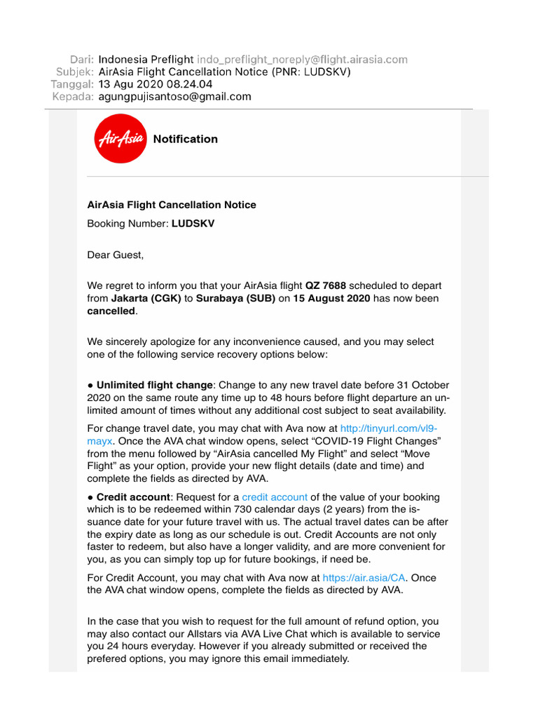 AirAsia Flight Cancellation Notice (PNR LUDSKV) | PDF
