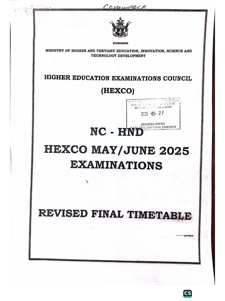 NC-HND HEXCO MayJune 2025 ExamTimetable Revised Final | PDF
