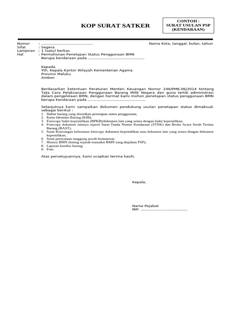 Contoh Surat Usulan PSP Kendaraan | PDF