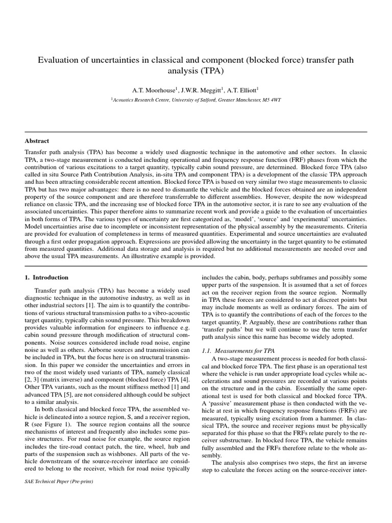Evaluation of uncertainties in classical and component (blocked force) transfer path analysis ...