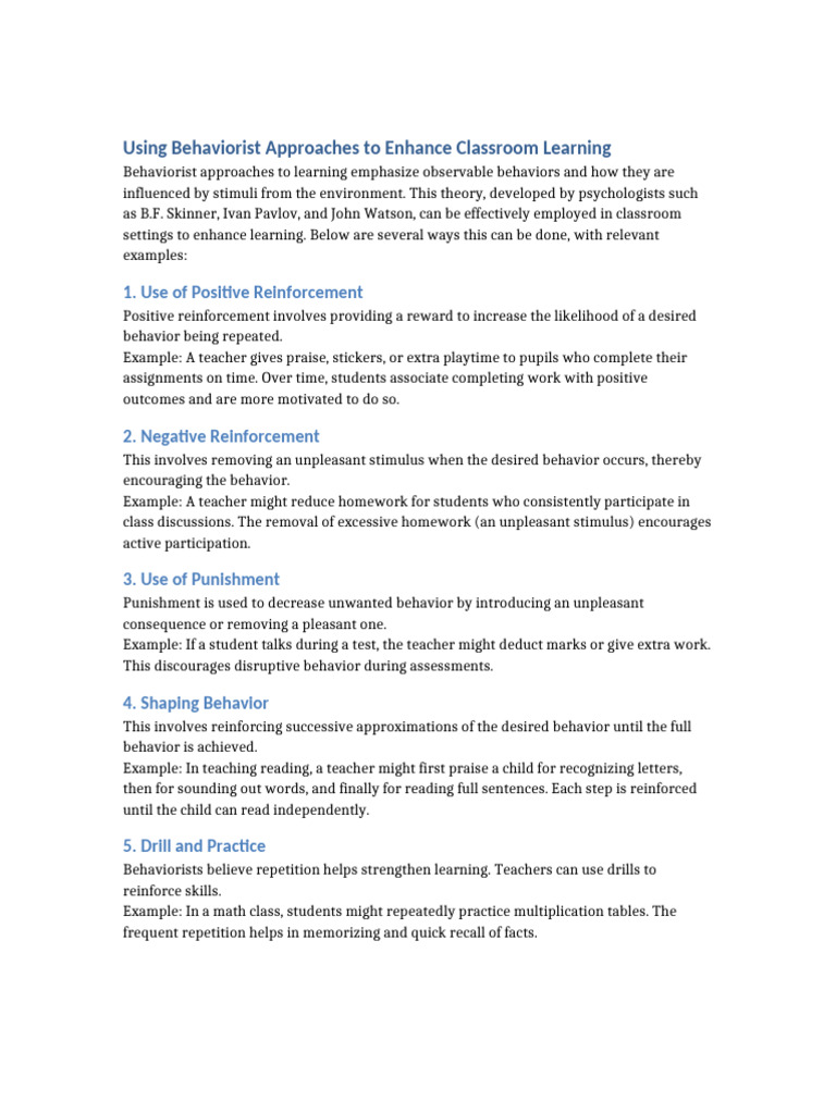 Behaviorist Approaches in Classroom Learning | PDF | Reinforcement | Learning