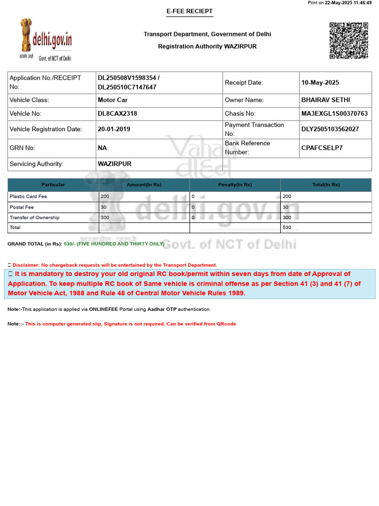 VAHAN 4.0 (Citizen Services) Onlineapp01 135 8012 | PDF | Receipt