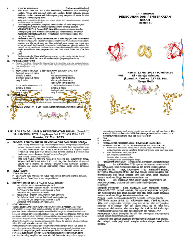 Liturgi Pemberkatan Nikah Ardianson T & Ruthiana A | PDF