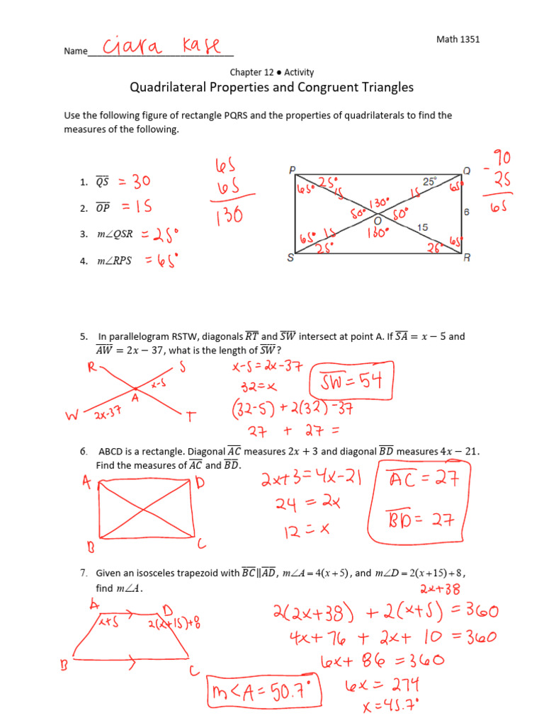 Chapter 12 Activity - Quadrilateral Properties | PDF | Rectangle | Classical Geometry