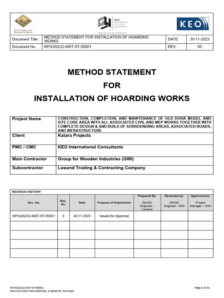 KP-X202-22-MST-ST-00001 - Rev 0 - Method Statement For Installation of Hoarding Works | PDF ...