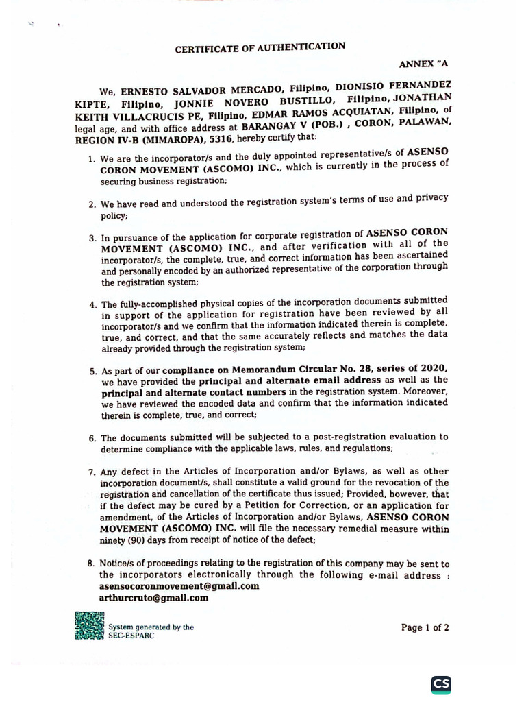 Sec Ascomo Certificate of Authentication | PDF