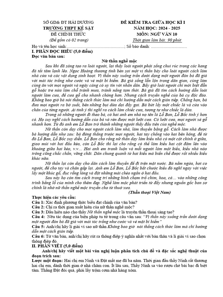 De Giua Hoc Ky 1 Ngu Van 10 Nam 2024 2025 Truong THPT Ke Sat Hai Duong | PDF
