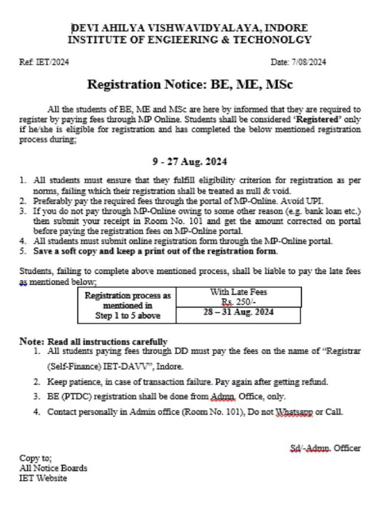 Semester Registration Notice Aug2024 | PDF
