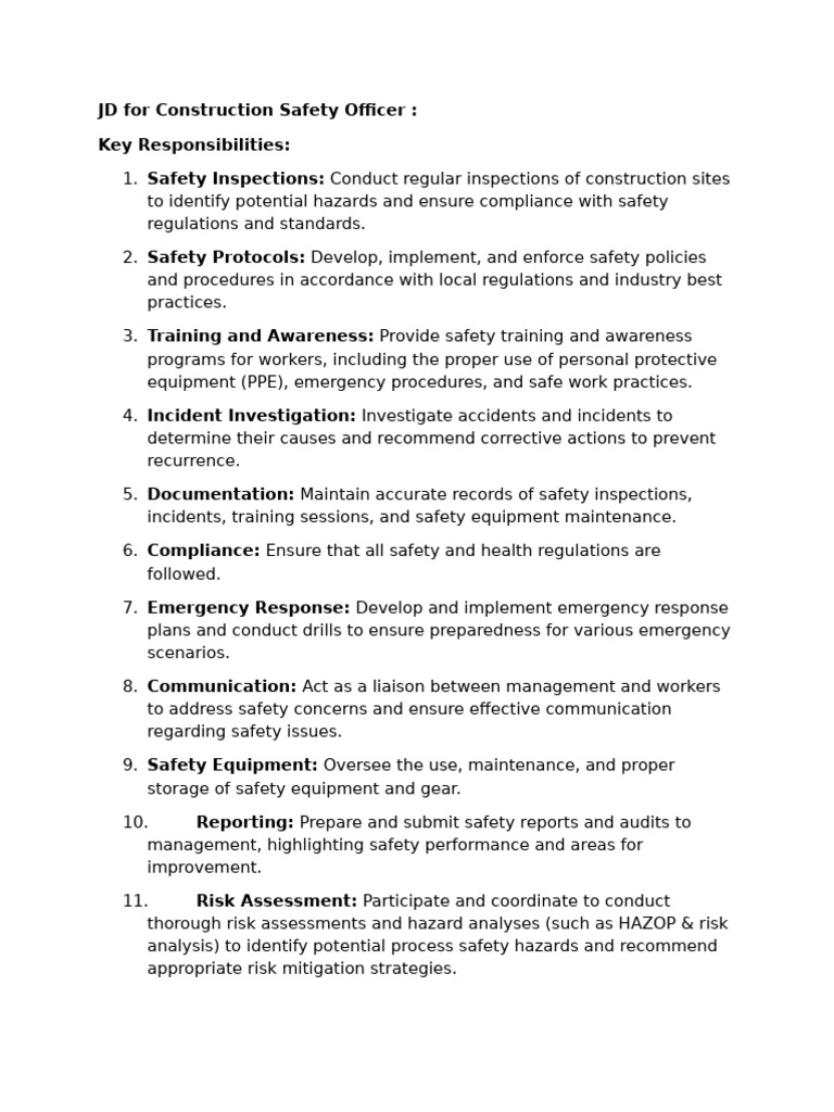 Construction Safety Officer Responsibilities | PDF | Occupational ...