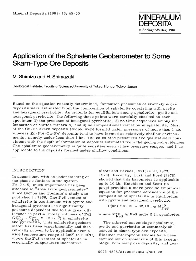 Application of the Sphalerite Geobarometer to Some Skarn-type Ore ...