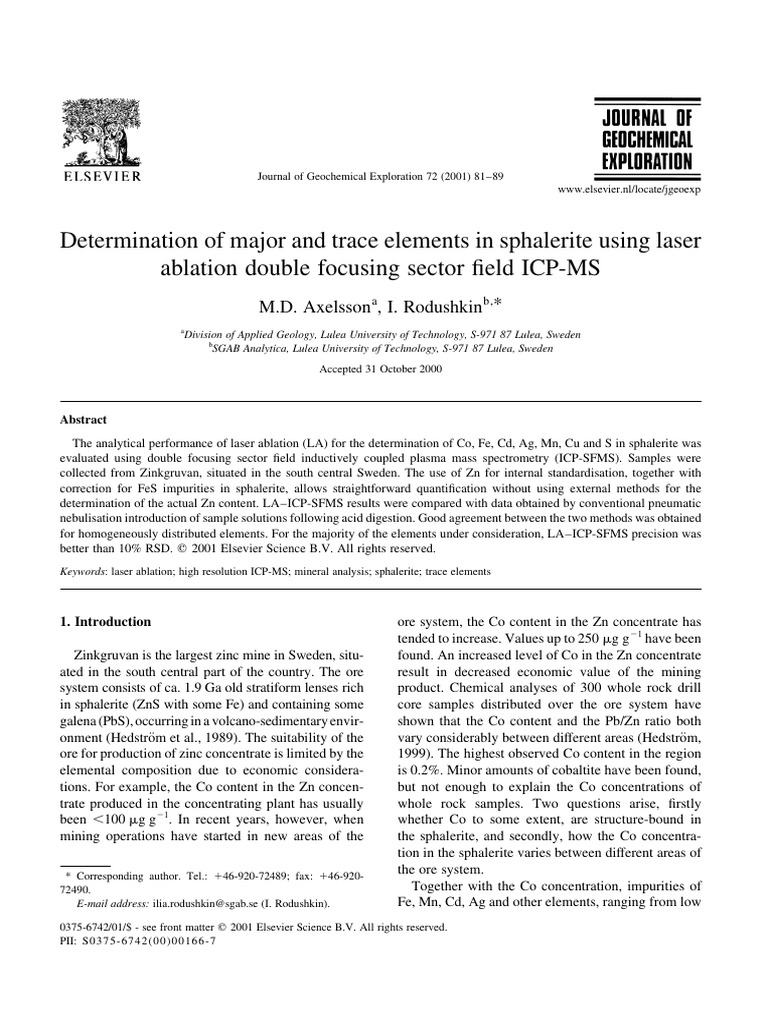 Determination of Major and Trace Elements in Sphalerite Using Laser Ablation Double Focusing ...