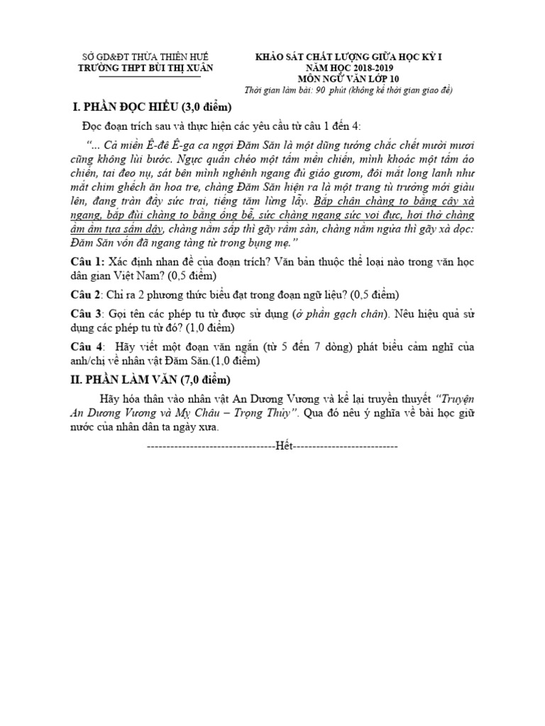 De KSCL Giua Hk1 Ngu Van 10 Nam Hoc 2018 2019 Truong Bui Thi Xuan TT Hue | PDF