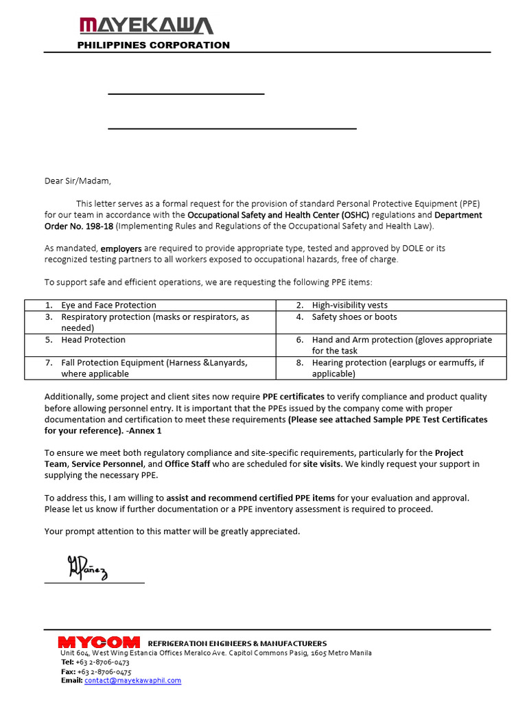 PPE With Test Certificates Request | PDF | Personal Protective ...