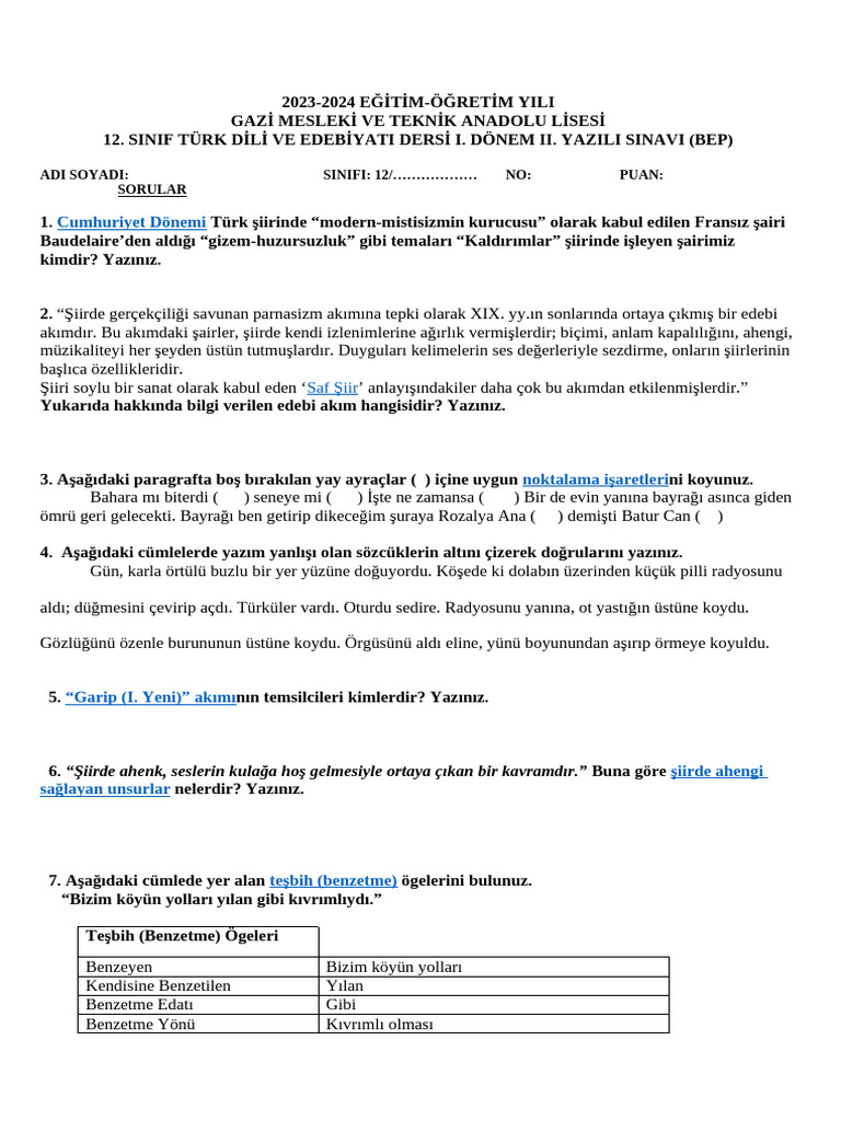 12 1 2. Sinav Bep 1 | PDF