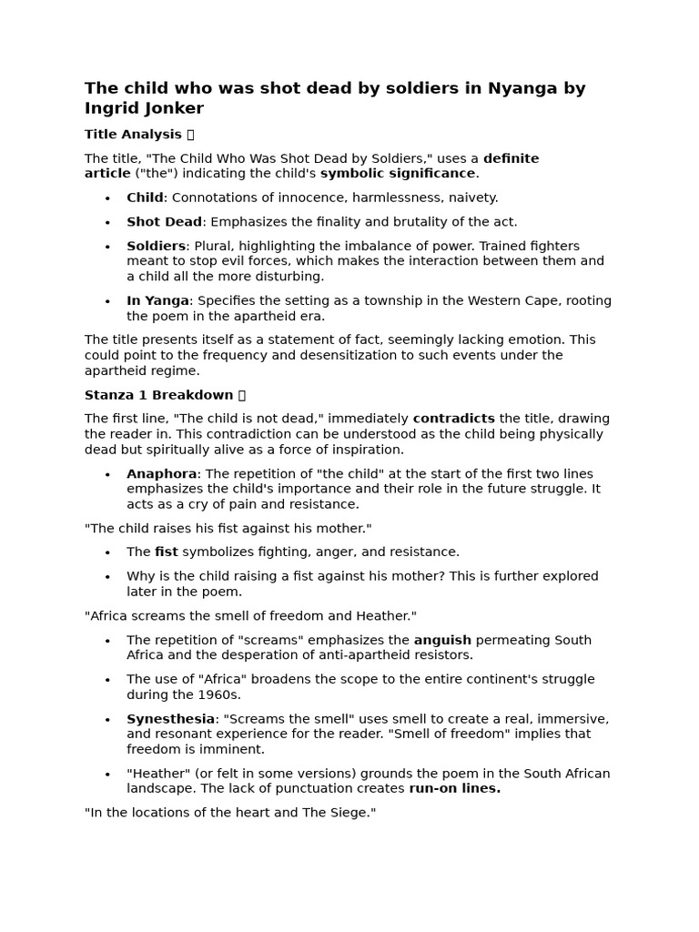 The Child Who Was Shot Dead by Soldiers at Nyanga by Ingrid Jonker ...