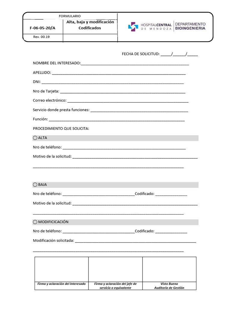 Formulario Alta Modificación y Baja de Codificados | PDF