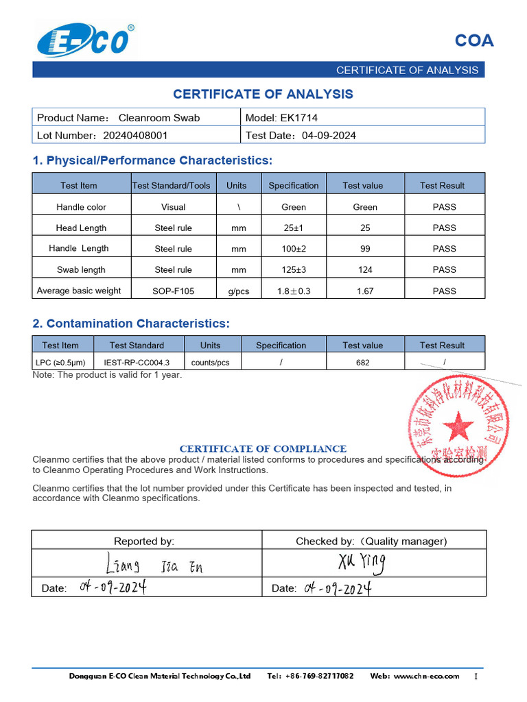 COA-AE001201 EK1714-G LC101-Sterile Swabs | PDF | Specification (Technical Standard)