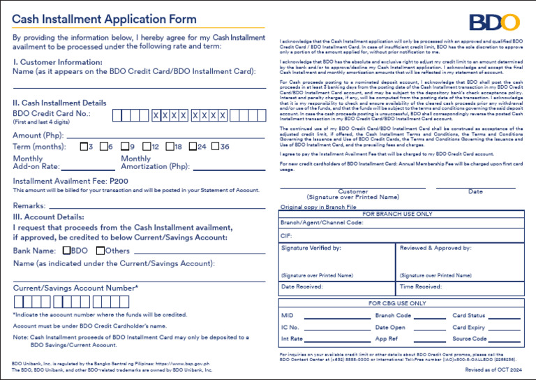 Cash Installment Availment Form - Oct 2024 | PDF | Credit Card | Banks