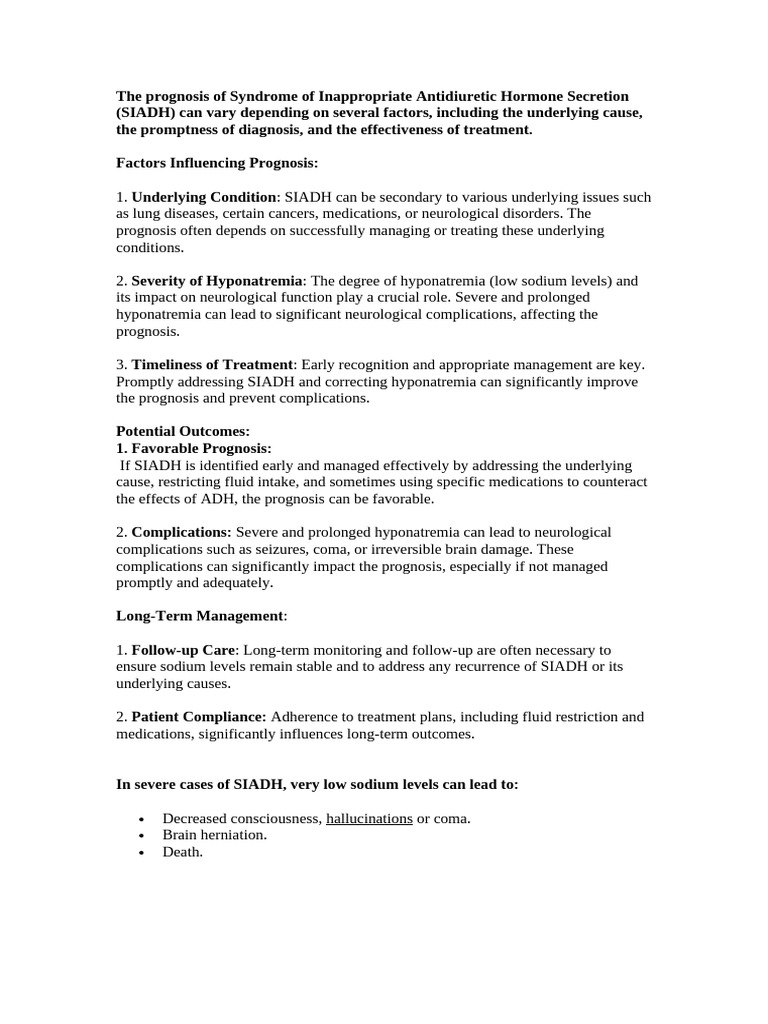 SIADH Prognosis and Management Insights | PDF | Human Diseases And ...