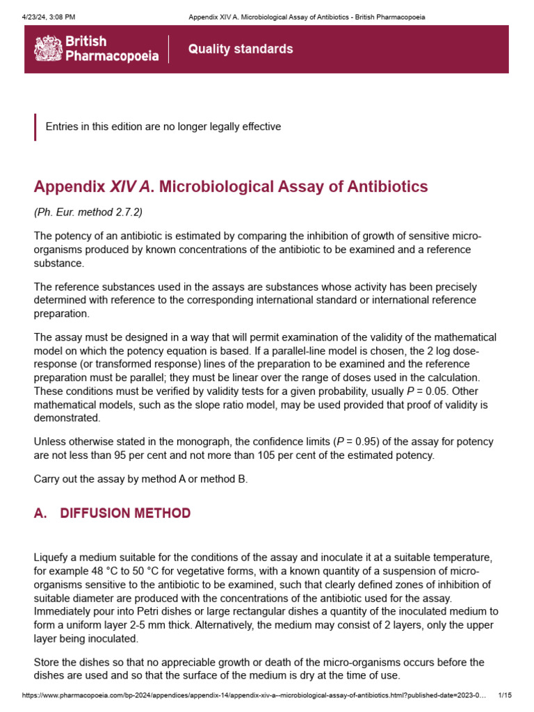 Appendix XIV A. Microbiological Assay of Antibiotics - British Pharmacopoeia | PDF