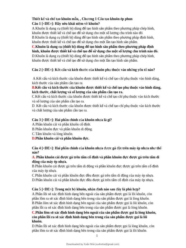 Trac Nghiem Mon Thiet Ke Va Che Tao Khuon Mau Co Dap An 821 | PDF