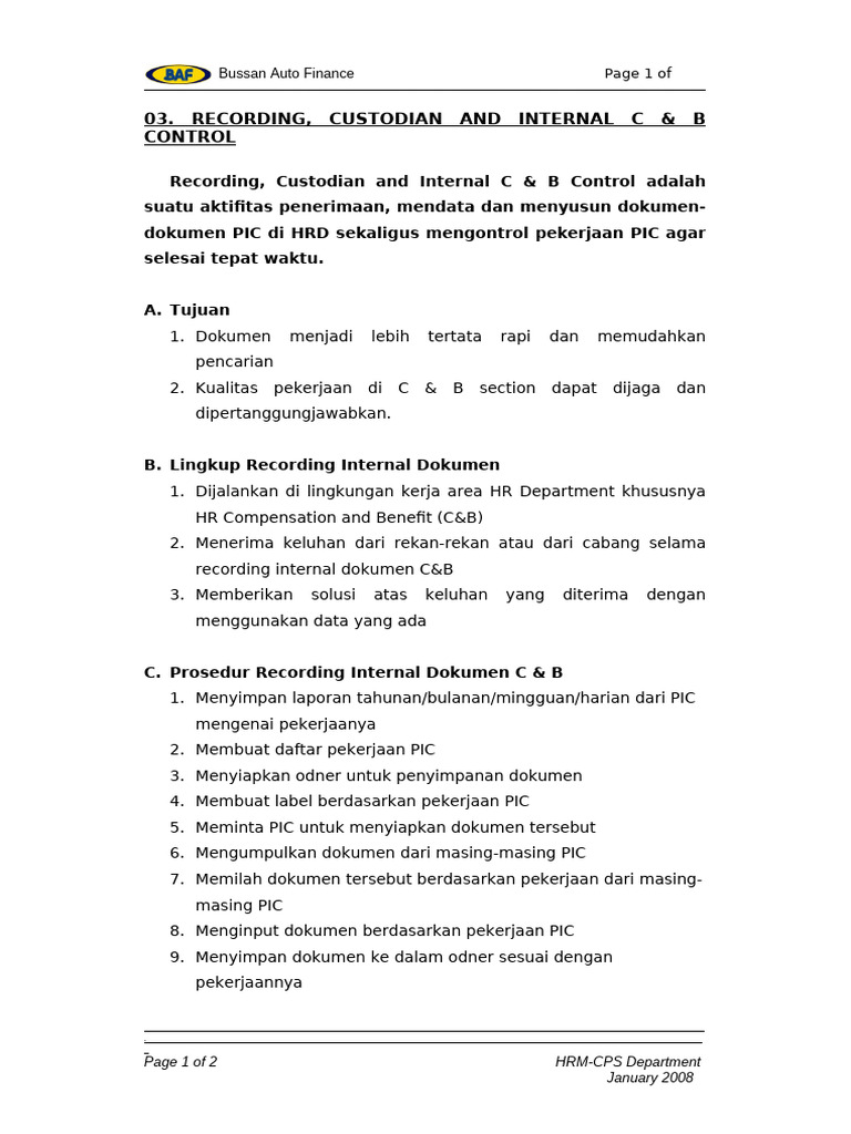 SOP Recording, Custodian and Internal C & B Control | PDF