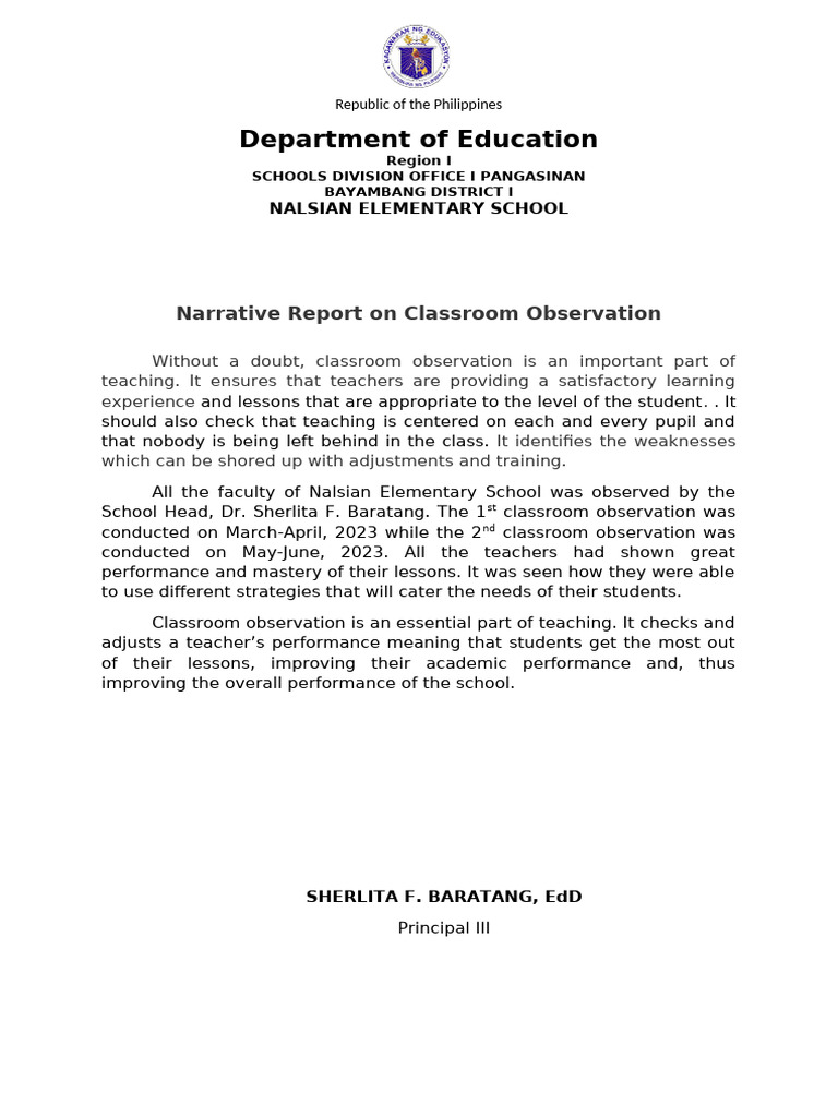 Classroom Observation Report 2023 | PDF
