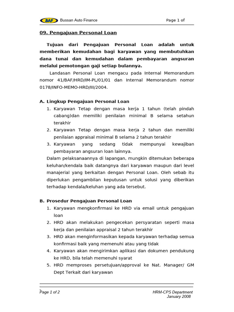 SOP Pengajuan Personal Loan | PDF