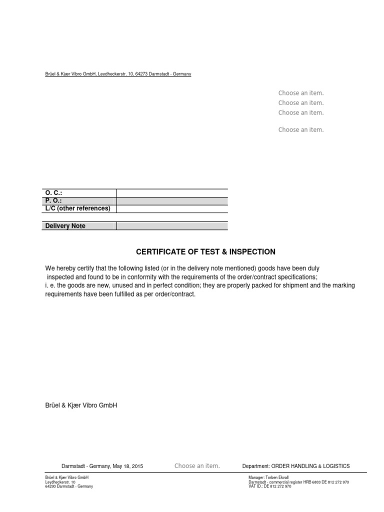 Certificate of Test and Inspection | PDF