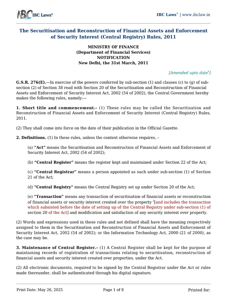 Central Registry Rules for Securitisation | PDF | Security Interest ...