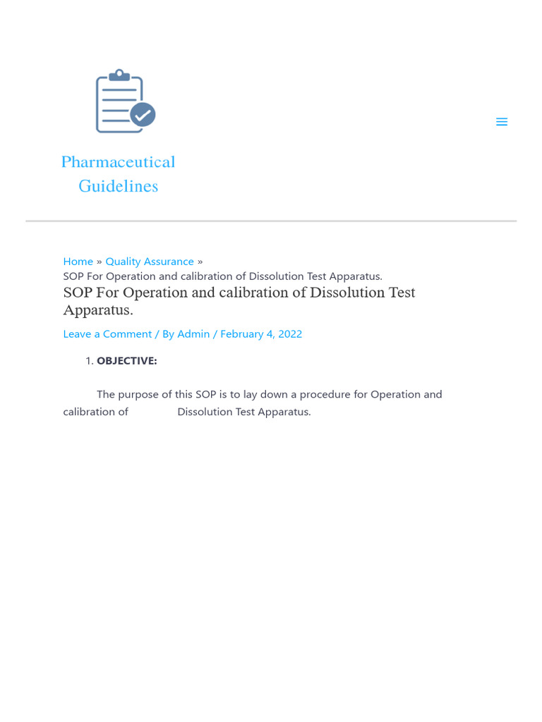 Dissolution Test Apparatus SOP Guide | PDF | Purified Water | Calibration