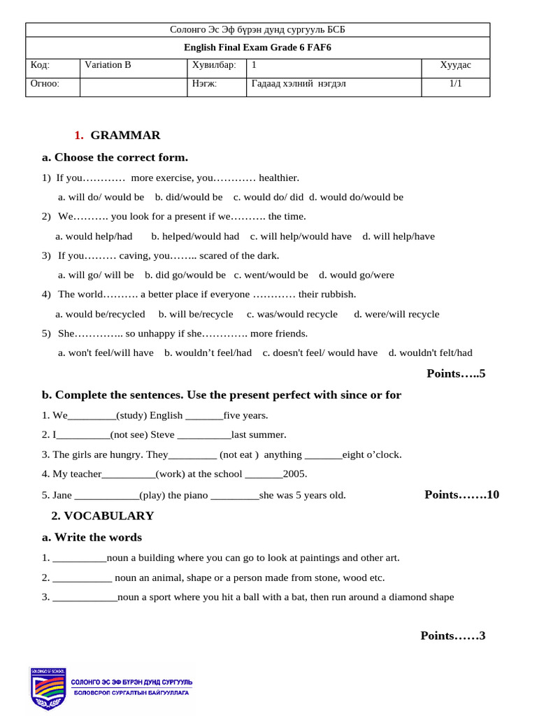 Final Exam 2025 6th Grade B Variation | PDF