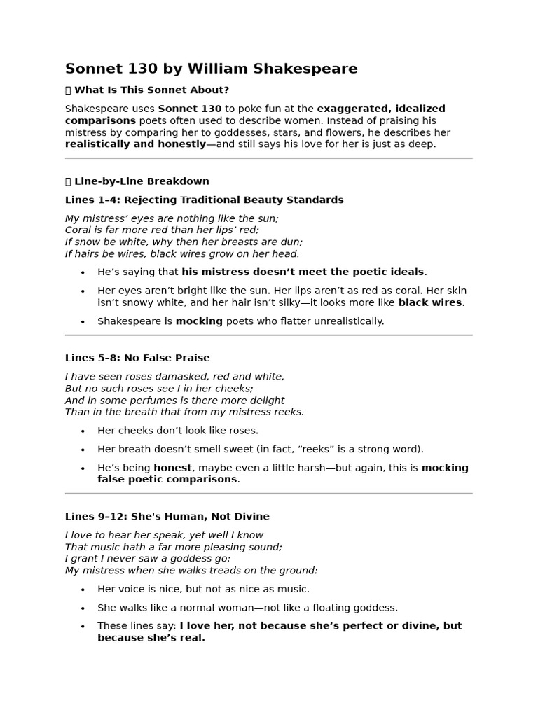 Shakespeare's Realistic Love in Sonnet 130 | PDF | Literary Criticism ...