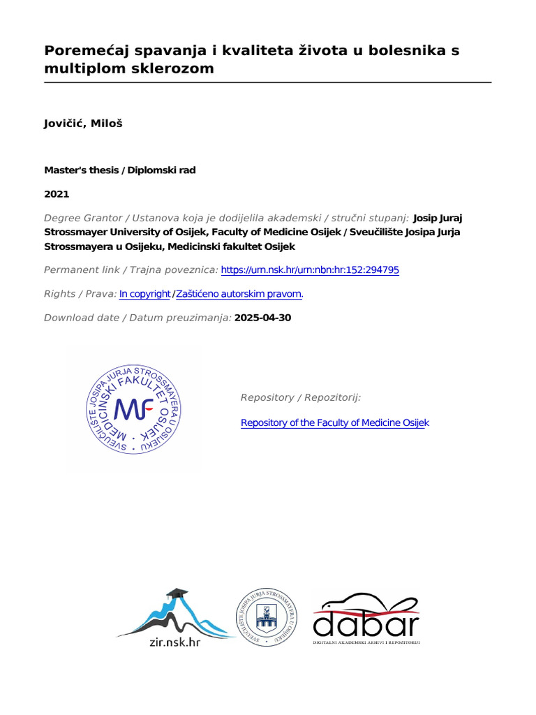 Poremecaj Spavanja I Kvaliteta Zivota U Bolesnika S Multiplom Sklerozom Jovicic | PDF