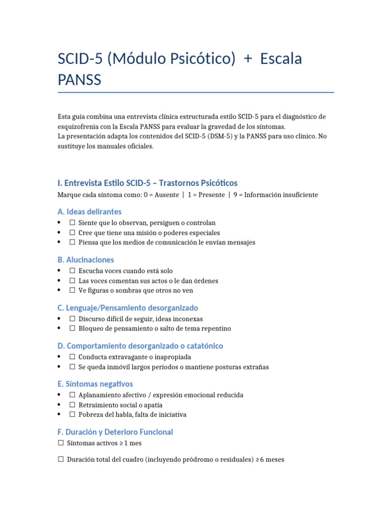 SCID5 PANSS Combinado | PDF | Esquizofrenia | Psicosis