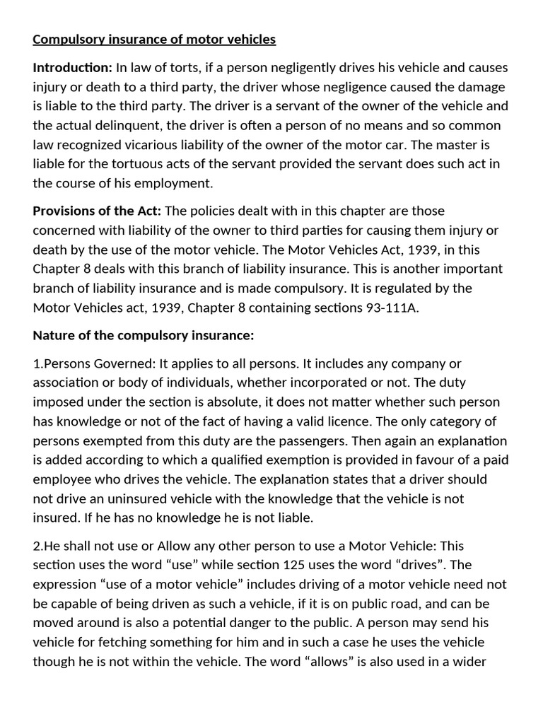 Compulsory Motor Vehicle Insurance Overview | PDF | Legal Liability ...